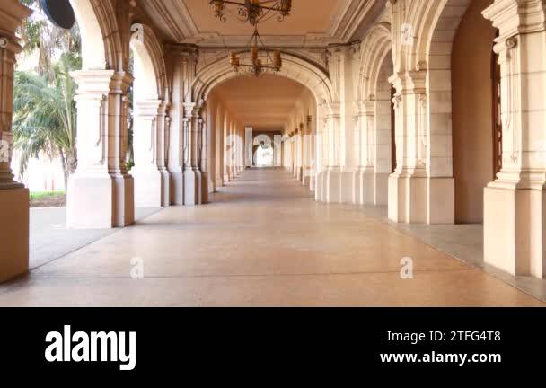 Spanish colonial revival architecture, arches and columns, San Diego ...
