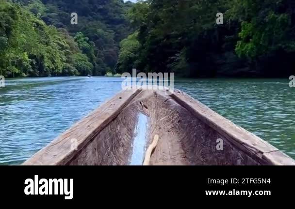 Dugout canoe on Chagres River in Panama. Motorized piragua or hamp ...