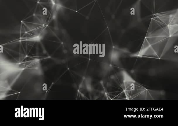 Abstract waves of white dots and lines on a black background with depth of field. Technological ...