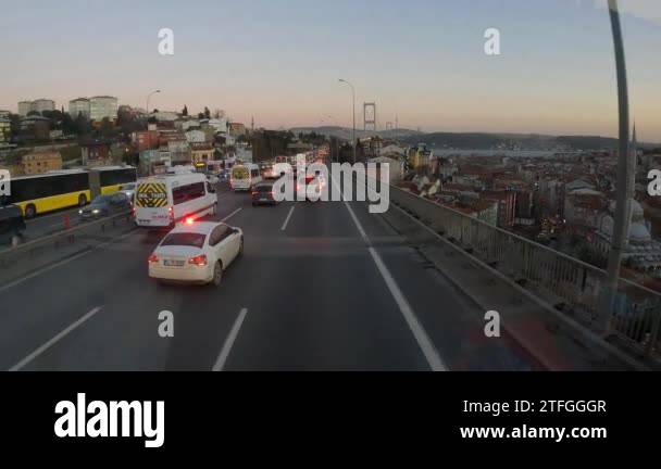 Traffic jam in front of the bridge across the Bosphorus, Istanbul ...