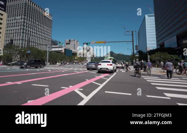 Seoul downtown traffic at a crossroad on Sejong-daero road, view of ...