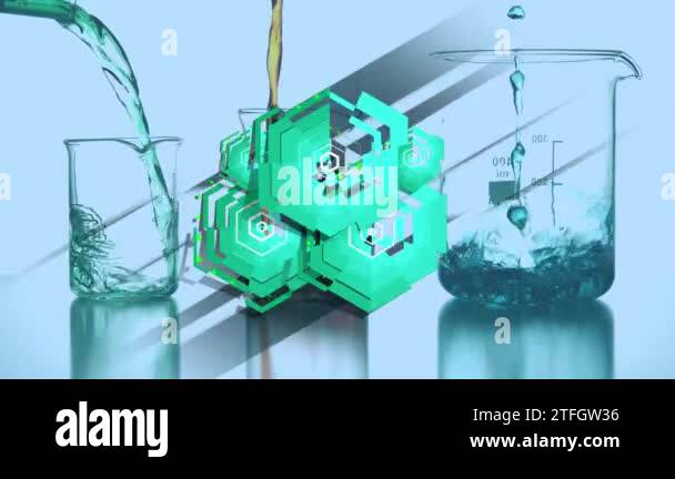 Animation of green hexagons over reagents pouring into lab glasses on ...