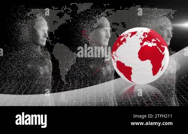 Animation of globe and world map over human models on black digital ...