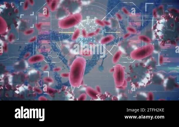 Animation of covid 19 virus cells over data processing and dna strand on grey background. global ...