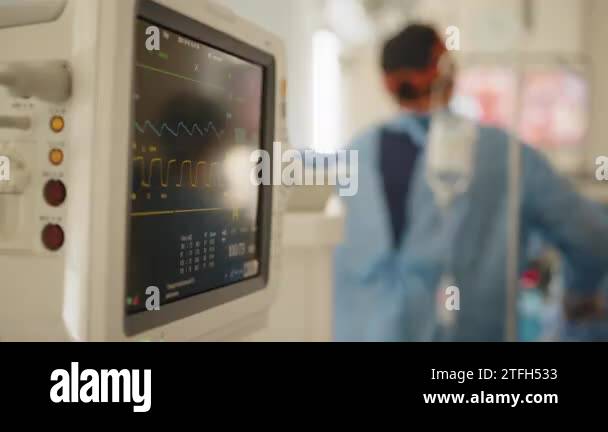 Screen of ventilator monitoring in operating room. Heart rate and ...
