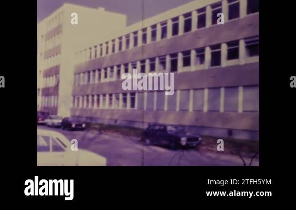 London, United Kingdom April 1971: Big school building view in 70s ...