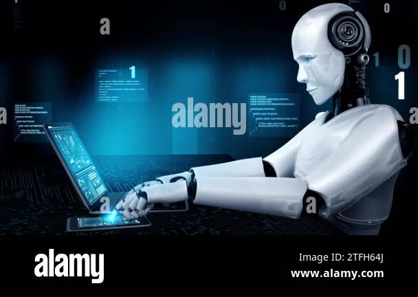 Futuristic robot artificial intelligence huminoid AI programming coding technology development ...