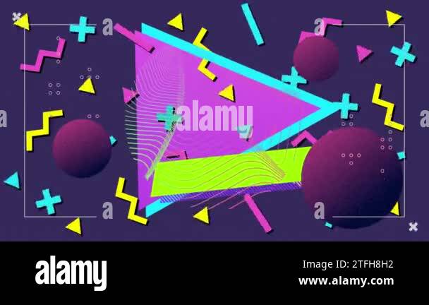 Animation of moving shapes and spots on purple background. social media ...