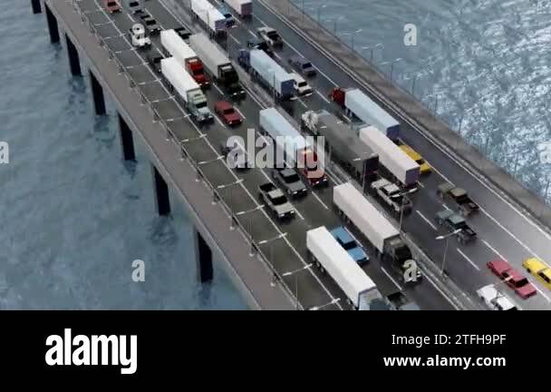 Cars driving on a bridge - view from the above, rotating camera - 3D 4k ...