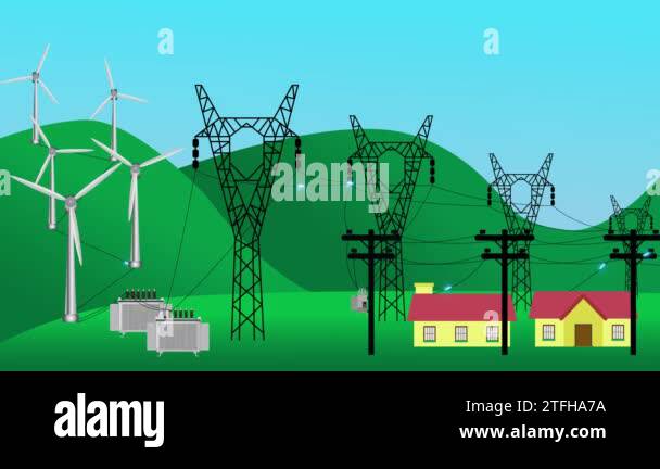 Animation Of A Wind Farm Simulation Of Electricity Generation Through Winds By Wind Turbines