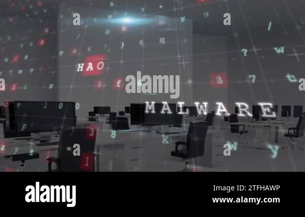 Animation of changing letters, numbers and malware over empty office ...