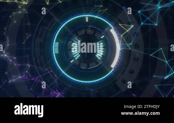 Animation of processing circle over black background with diverse shapes. connections, data ...