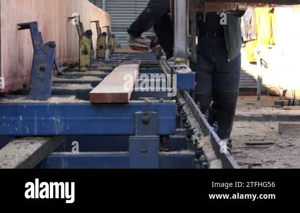 Specialist working on the machine for cutting large logs and planks ...