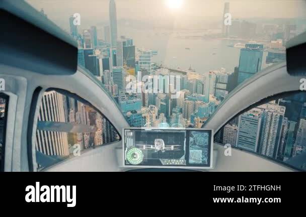 Group of autopilot taxi and deliverys drones flying above big city ...