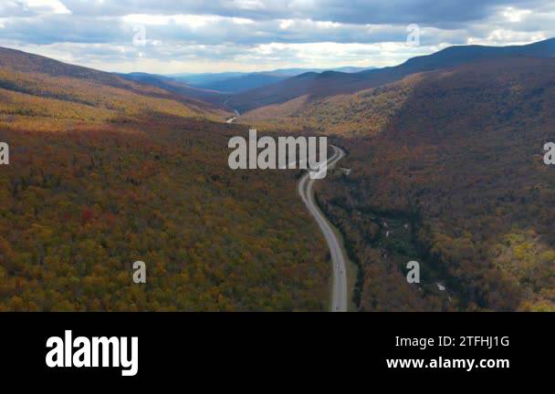 Franconia Notch with fall foliage aerial view including Profile Lake ...