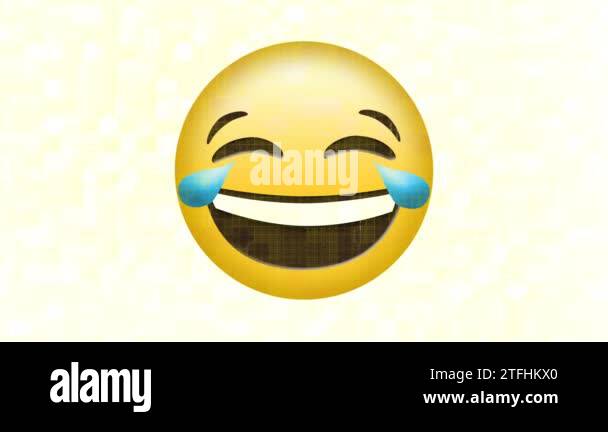 Animation of crying with joy emoticon over white and yellow background ...