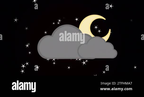 Animation of night sky with crescent moon and cloud with multiple white ...