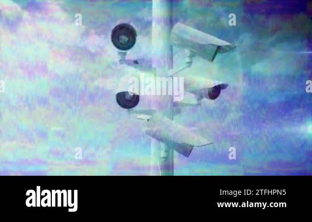 Animation of moving CCTV cameras with bright vibrant glitch stripes ...