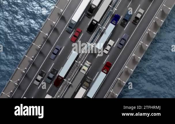 Cars driving on a bridge - view from the above, rotating and zooming ...