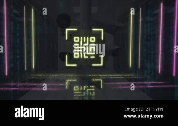 Animation of neon qr code and lines in digital space with security ...