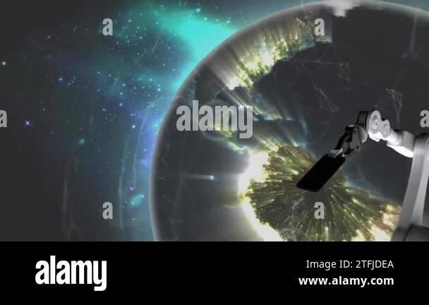 Animation of robotic arm holding cellphone over rotating globe and stars in space. Digitally ...