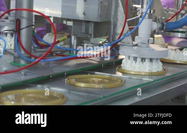 Cake on the conveyor line. Cake production. Production of cakes in a ...