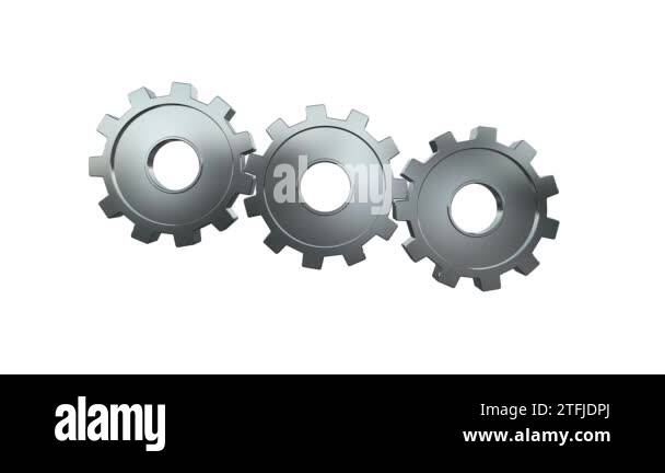 Mechanism of rotating three gears, 3d rendering of silver wheels with ...