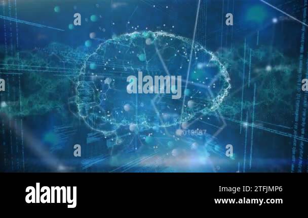 Animation of brain and dna chain rotating over chemical formulas and blue background. science ...