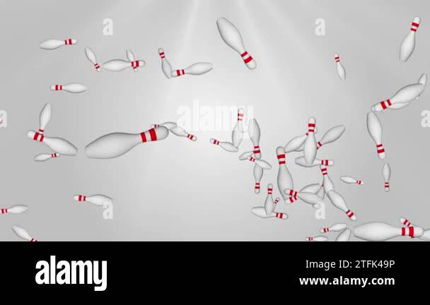 4K Loop Falling bowling pins 3D animation of white bowling pins filling ...