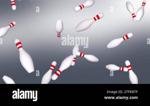4K Loop Falling bowling pins 3D animation of white bowling pins filling ...