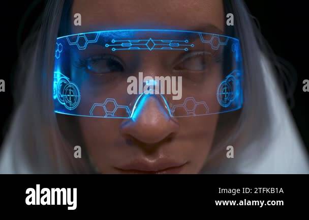Serious VR glasses girl face closeup. Focused woman watching through ...