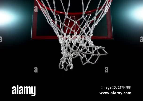 Super slow motion of basketball ball hitting the basket. Filmed on high ...