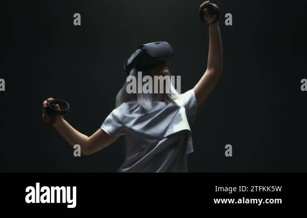 Cyberpunk girl playing vr in blinking light closeup. Attractive gamer ...