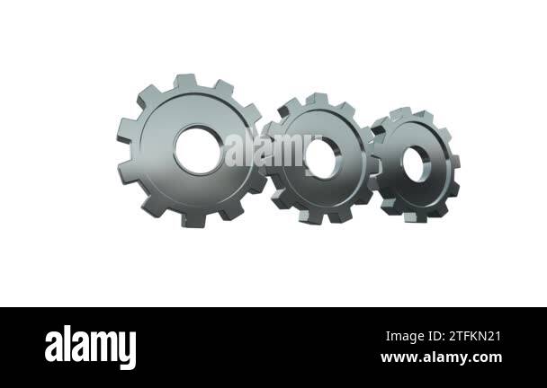 Silver gear wheels moving interlocked together. Three metallic ...
