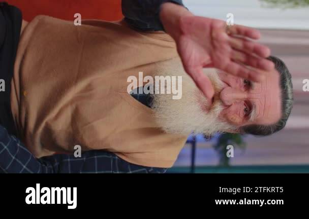 Stop gesture. Angry senior old grandfather man say No hold palm folded ...