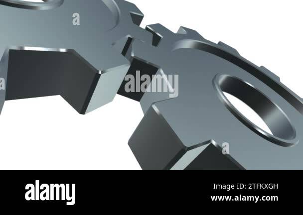 Silver gear wheels moving interlocked together. Two metallic cogwheels ...