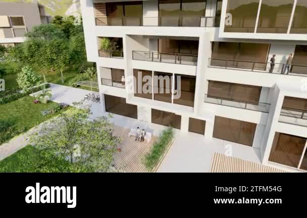 3D animation of a modern upscale residential building in a nice area ...