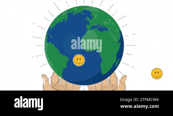 Animation of smiling emoticons over hands holding globe on white ...
