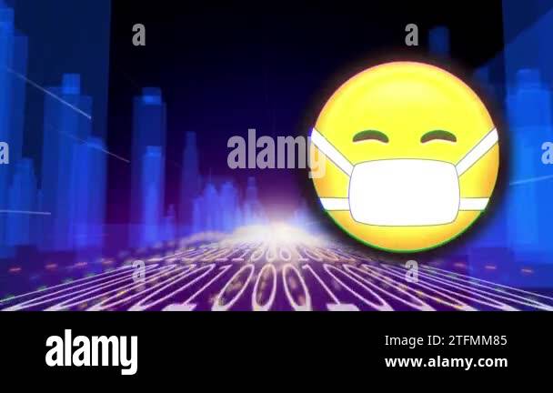 Animation of emoji icon and binary coding over digital city. social ...