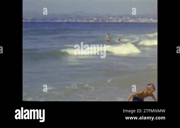 French Riviera, France august 1958: Children sea beach scenes in 50s ...