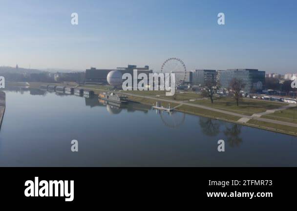 Krakow Poland. River Visla ( Vistula), ballon and Ferris wheel. Aerial ...