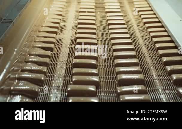 Automated chocolate wafer baking production line at a confectionery ...