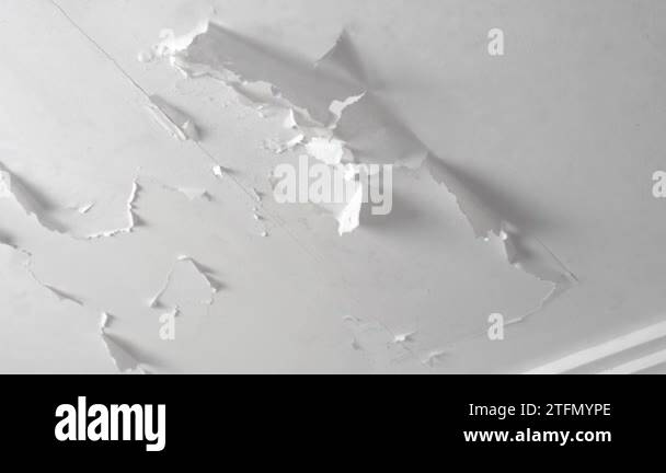 Damaged bathroom ceiling with cracked and peeling white paint on ...