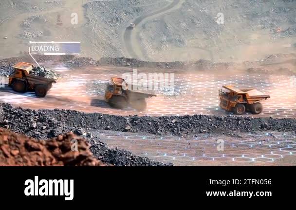 Three mining dump trucks in an iron ore open pit with infographics ...