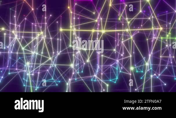 Plexus of abstract colored geometrical lines with moving triangles and dots on a black ...