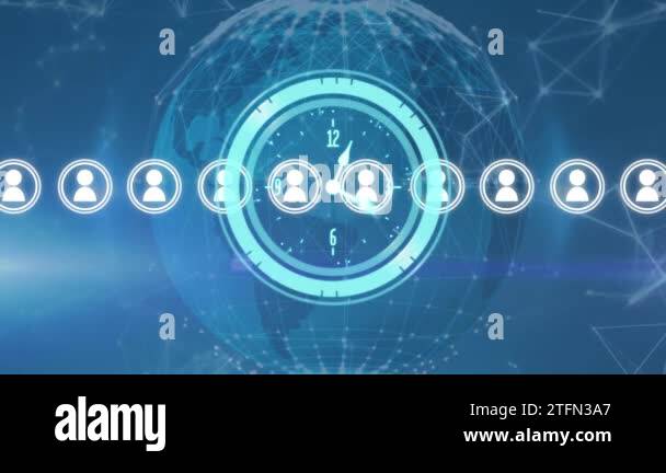 Animation of clock moving over globe, shapes, icons and blue background ...