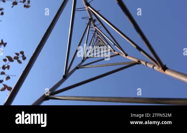 Rotating of Steel Triangle Tower for Wind Turbine. Look from the bottom ...