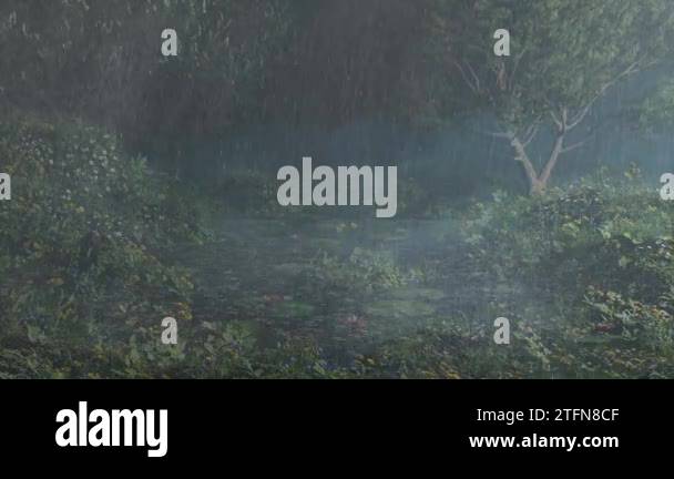 Heavy rain fell on the stream in the dense forest, rainy season in the ...