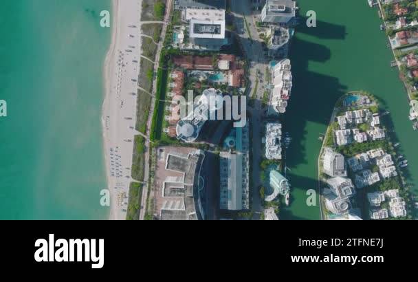 Birds eye view of luxury residential borough on seaside. Row of high ...