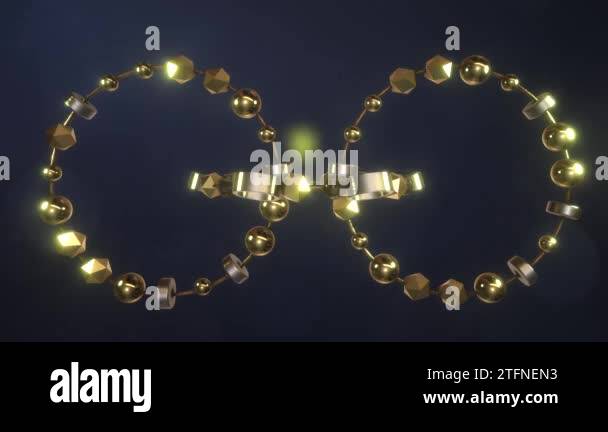 3D animation with rings with spheres and cubes linked by a thread of ...